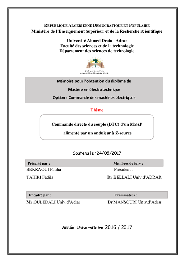 (PDF) Commande directe du couple (DTC) d’un MSAP alimenté par un onduleur à Z-source