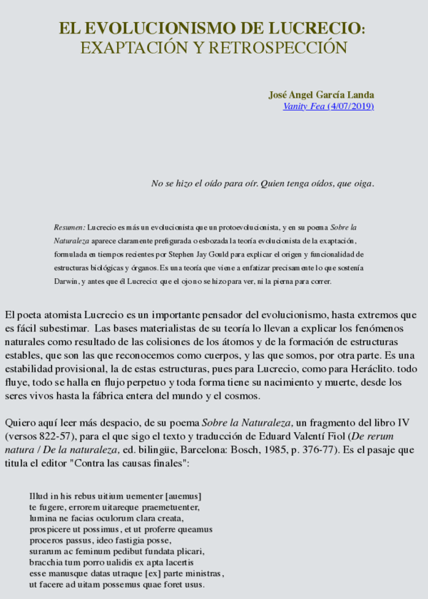 (PDF) El evolucionismo de Lucrecio: Exaptación y retrospección