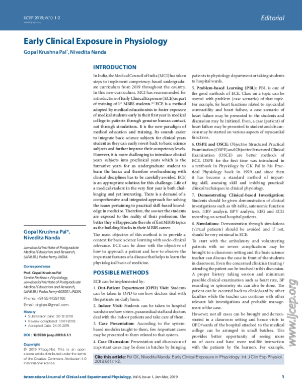(PDF) Early Clinical Exposure in Physiology