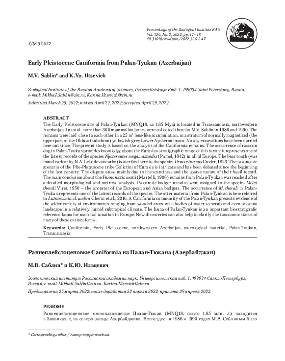 (PDF) Early Pleistocene Caniformia from Palan-Tyukan (Azerbaijan)