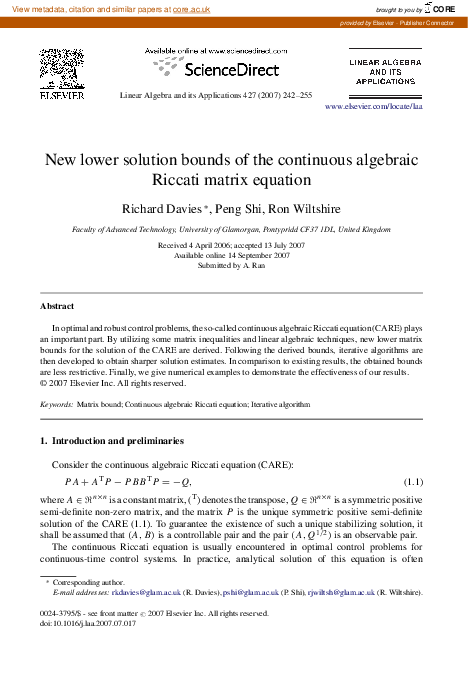 (PDF) New lower solution bounds of the continuous algebraic Riccati ...