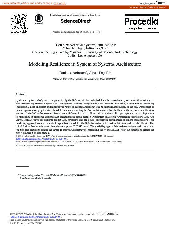(PDF) Modeling Resilience in System of Systems Architecture