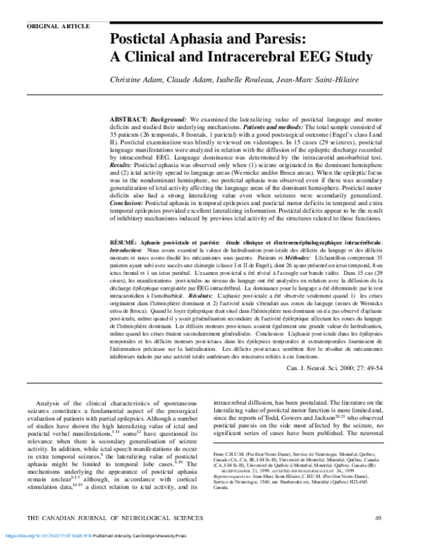 (PDF) Postictal Aphasia and Paresis: A Clinical and Intracerebral EEG Study