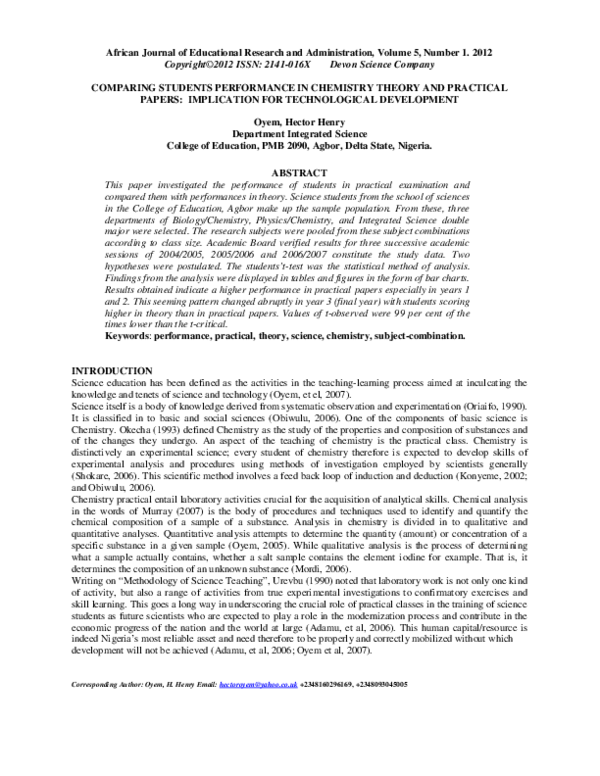 (PDF) COMPARING STUDENTS PERFORMANCE IN CHEMISTRY THEORY AND PRACTICAL ...