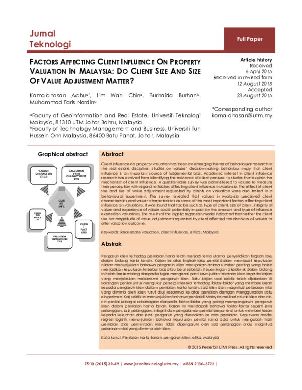 (PDF) Factors Affecting Client Influence on Property Valuation in ...