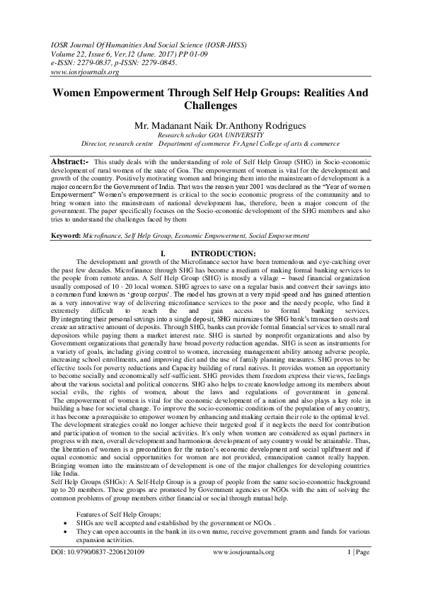 (PDF) Women Empowerment Through Self Help Groups: Realities And Challenges