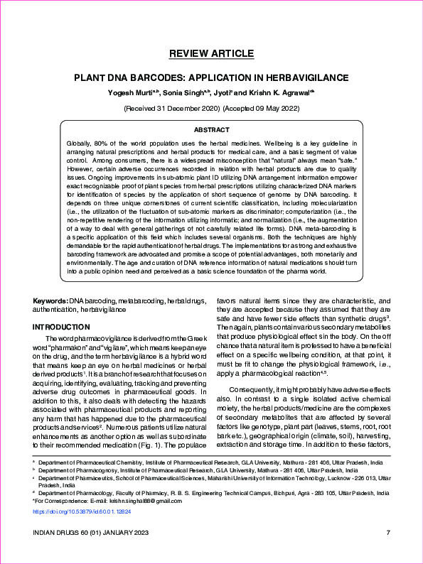 (PDF) Plant Dna Barcodes: Application in Herbavigilance