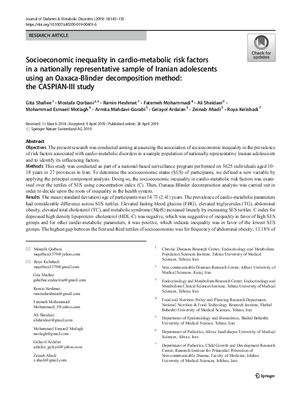 (PDF) Socioeconomic inequality in cardio-metabolic risk factors in a ...