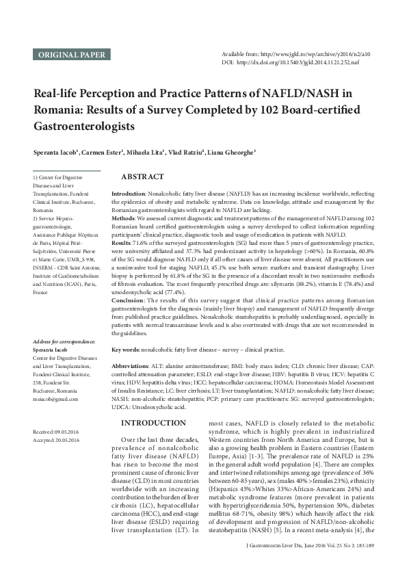 (PDF) Real-life Perception and Practice Patterns of NAFLD/NASH in Romania: Results of a Survey ...