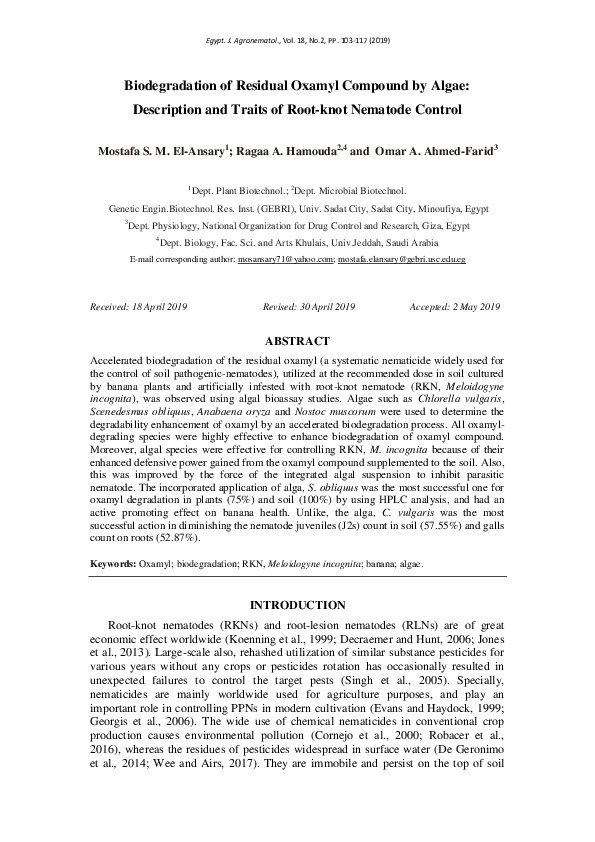 (PDF) Biodegradation of Residual Oxamyl Compound by Algae: Description ...