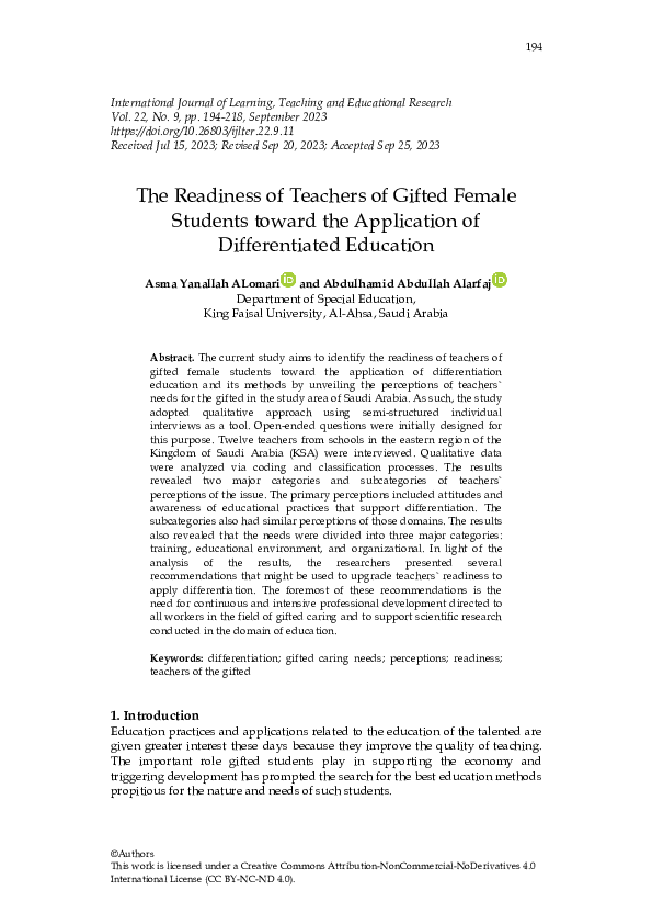 (PDF) The Readiness of Teachers of Gifted Female Students toward the ...