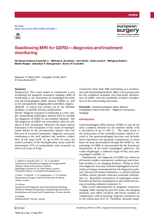 (PDF) Swallowing MRI for GERD—diagnosis and treatment monitoring