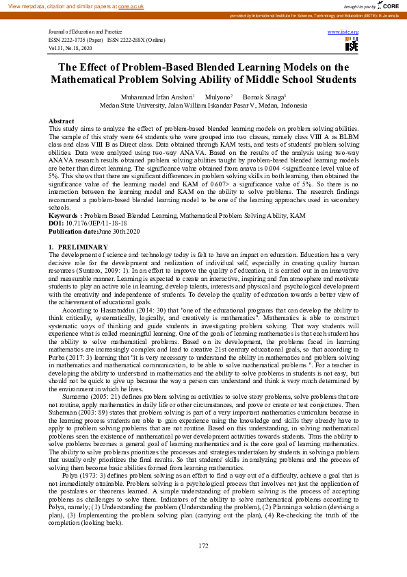 (PDF) The Effect of Problem-Based Blended Learning Models on the Mathematical Problem Solving ...
