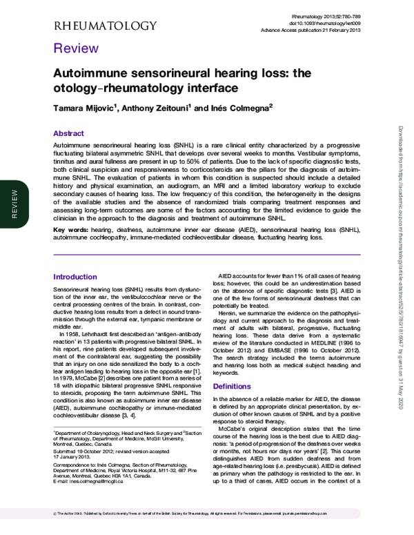 (PDF) Autoimmune sensorineural hearing loss: the otology-rheumatology ...