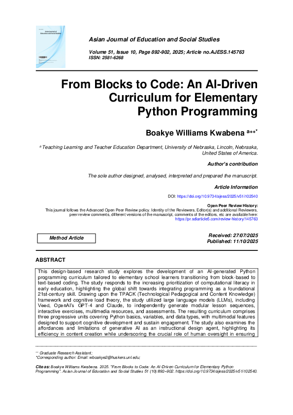 (PDF) From Blocks to Code: An AI-Driven Curriculum for Elementary Python Programming