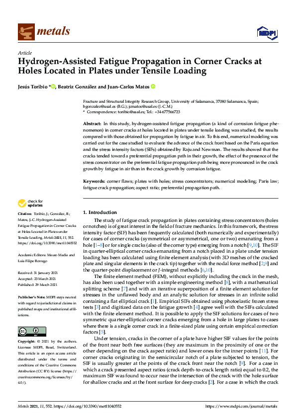 (PDF) Hydrogen-Assisted Fatigue Propagation in Corner Cracks at Holes ...