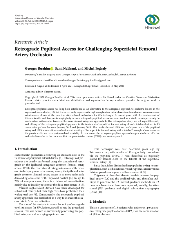 (PDF) Retrograde Popliteal Access for Challenging Superficial Femoral ...