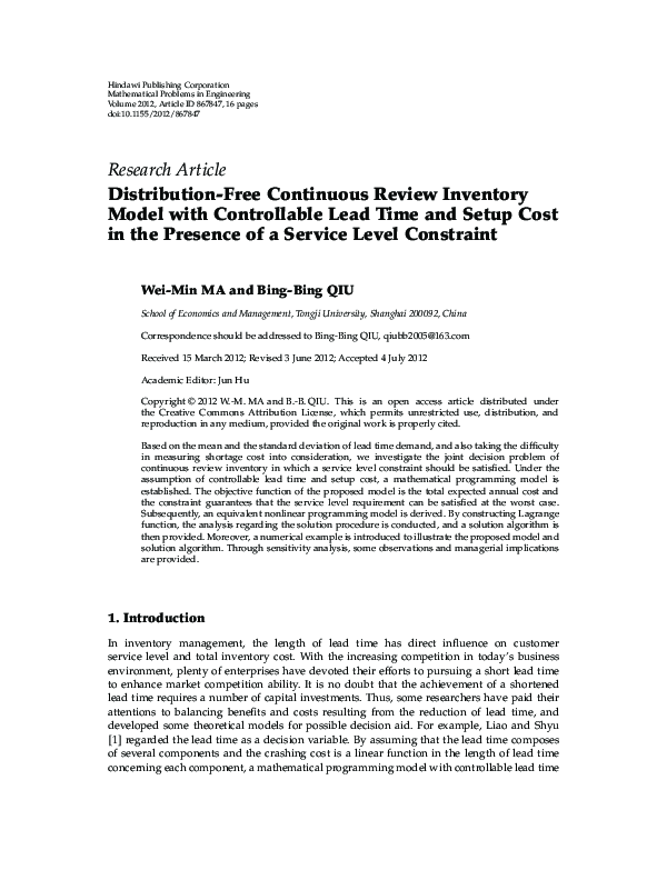 (PDF) Distribution-Free Continuous Review Inventory Model with ...