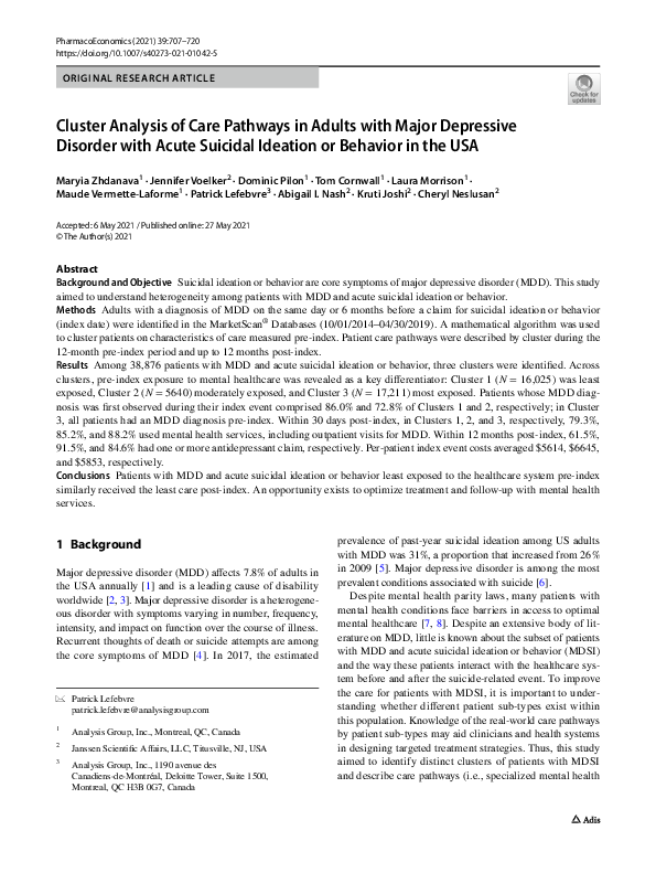 (PDF) Cluster Analysis of Care Pathways in Adults with Major Depressive Disorder with Acute ...