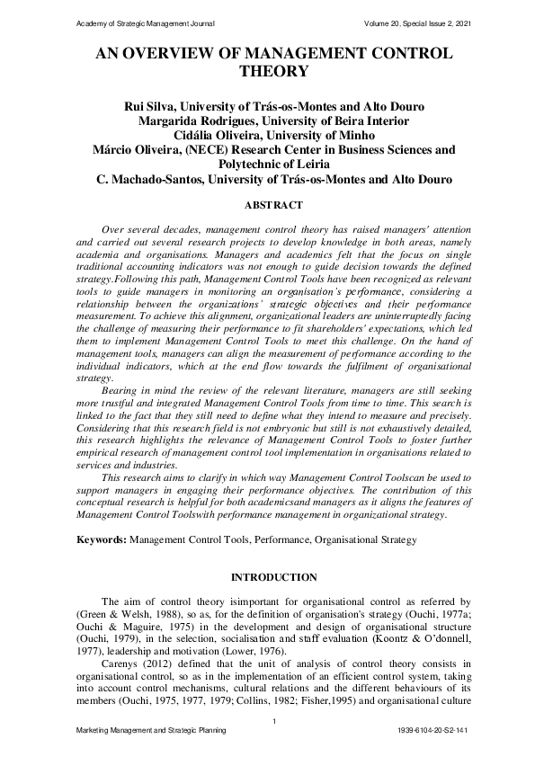 (PDF) An Overview of Management Control Theory