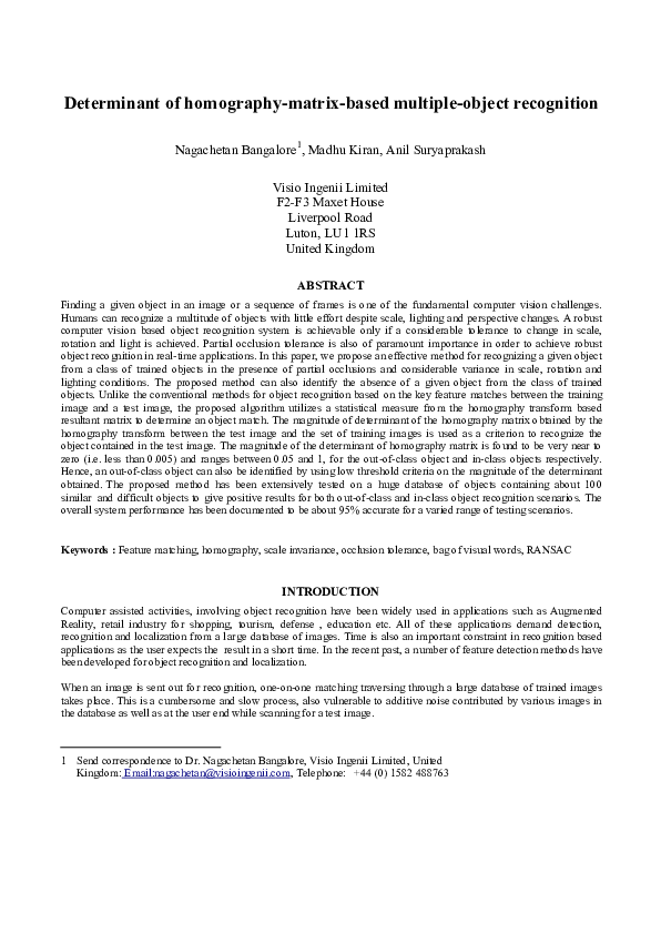 (PDF) Determinant of homography-matrix-based multiple-object recognition