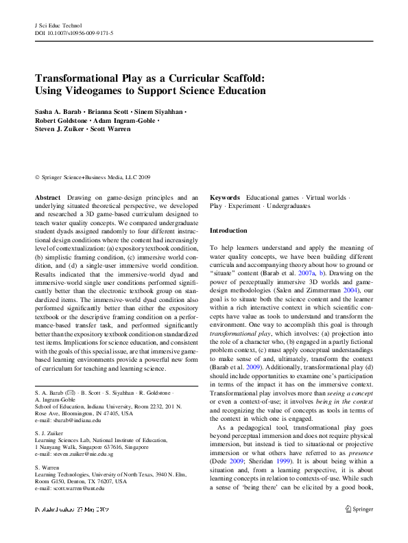 (PDF) Transformational play as a curricular scaffold: Using videogames ...