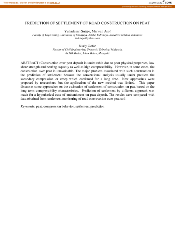 (PDF) Prediction of Settlement of Road Construction on Peat