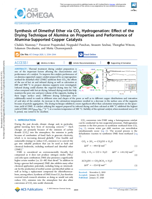 (PDF) Synthesis of Dimethyl Ether via CO2 Hydrogenation: Effect of the ...