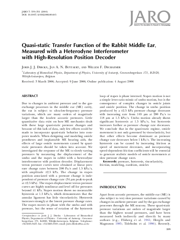 (PDF) Quasi-static Transfer Function of the Rabbit Middle Ear‚ Measured ...