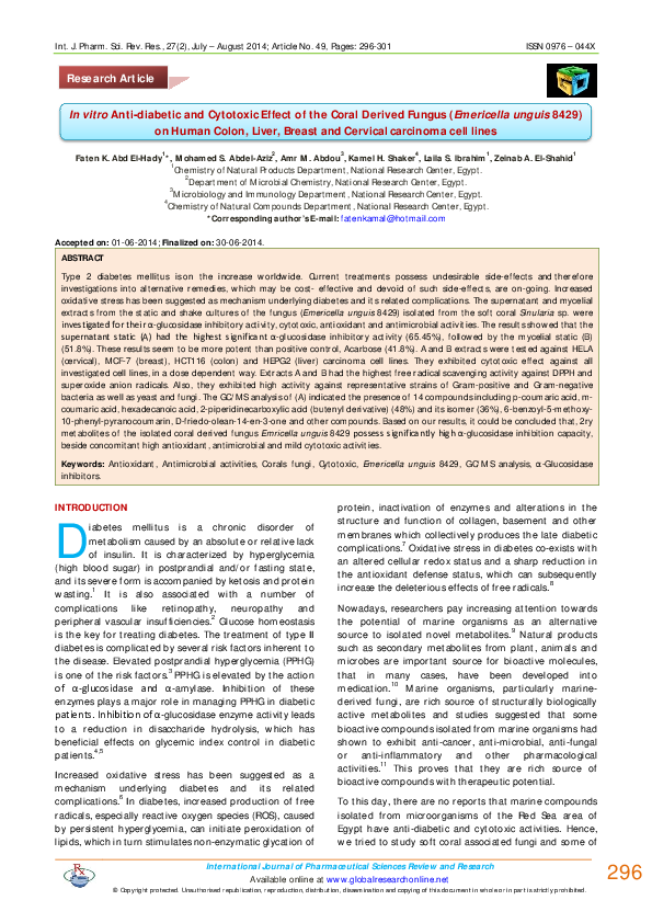 (PDF) In vitro Anti-diabetic and Cytotoxic Effect of the Coral Derived ...