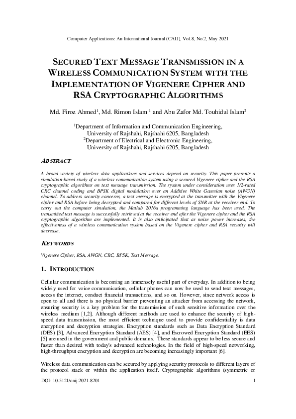(PDF) Secured Text Message Transmission in a Wireless Communication System with the ...