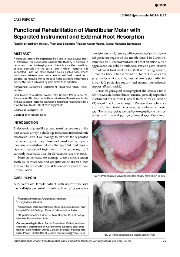 (PDF) Functional Rehabilitation of Mandibular Molar with Separated ...