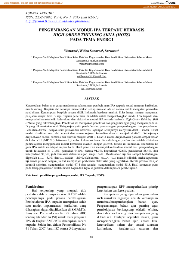 (PDF) Pengembangan Modul IPA Terpadu Berbasis High Order Thinking Skill ...