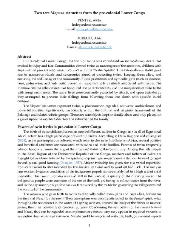 (PDF) Two rare Mapasa statuettes from the pre-colonial Lower Congo