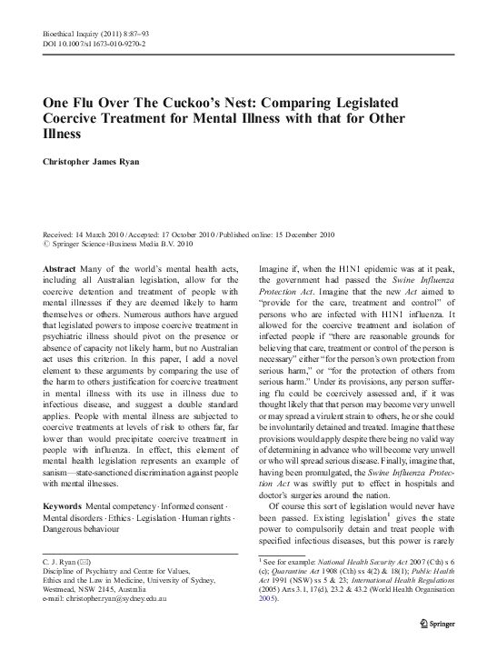 (PDF) One Flu Over The Cuckoo’s Nest: Comparing Legislated Coercive ...
