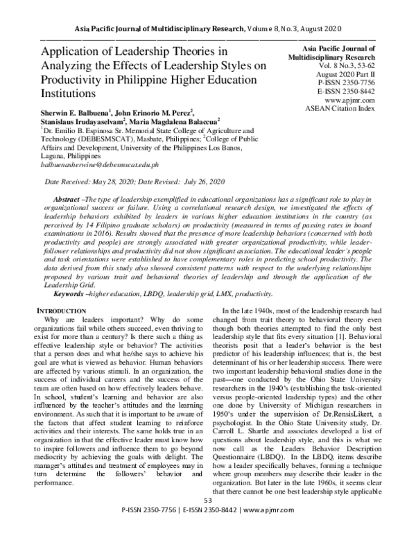 (PDF) Application of Leadership Theories in Analyzing the Effects of ...