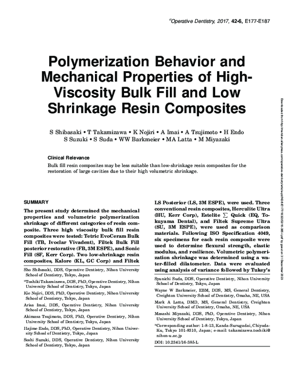 (PDF) Polymerization Behavior and Mechanical Properties of High-Viscosity Bulk Fill and Low ...