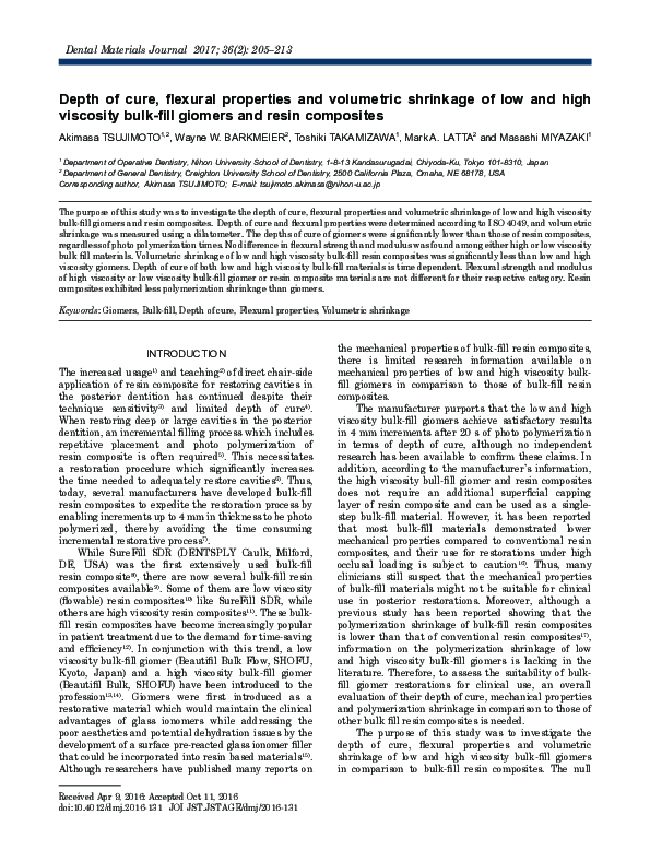 (PDF) Depth of cure, flexural properties and volumetric shrinkage of low and high viscosity bulk ...