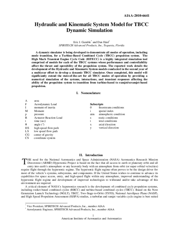 (PDF) Hydraulic and Kinematic System Model for TBCC Dynamic Simulation