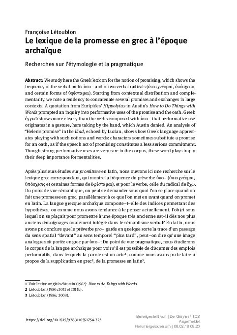 (PDF) Le lexique de la promesse en grec à l'époque archaïque Recherches ...