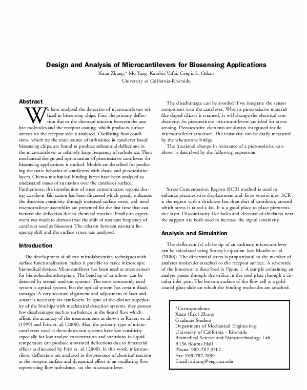 (PDF) Design and Analysis of Microcantilevers for Biosensing Applications