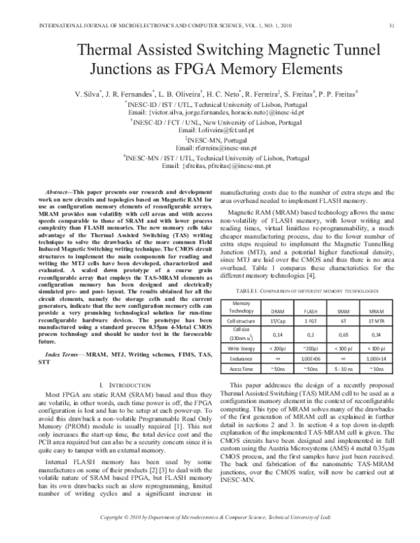 (PDF) Thermal Assisted Switching Magnetic Tunnel Junctions as FPGA Memory Elements