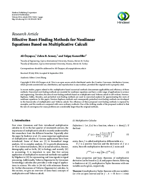 (PDF) Effective Root-Finding Methods for Nonlinear Equations Based on Multiplicative Calculi