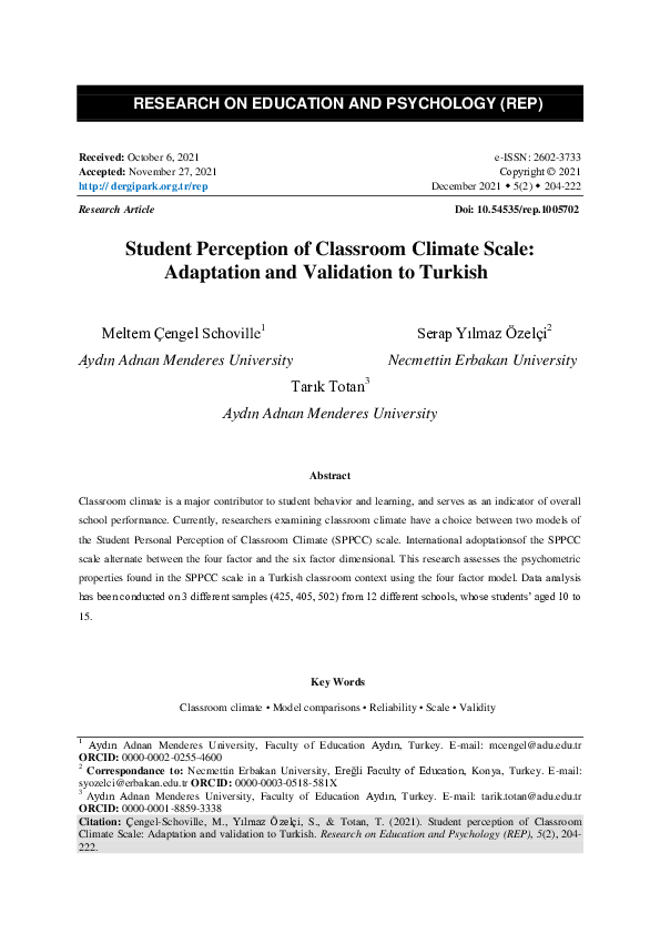 (PDF) Student Perception of Classroom Climate Scale: Adaptation and ...