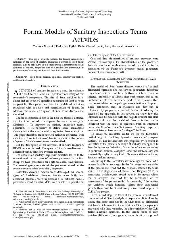 (PDF) Formal Models Of Sanitary Inspections Teams Activities