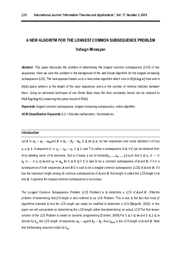 (PDF) A New Algoritm for the Longest Common Subsequence Problem