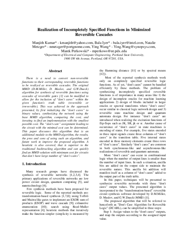 (PDF) Realization of incompletely specified functions in minimized ...