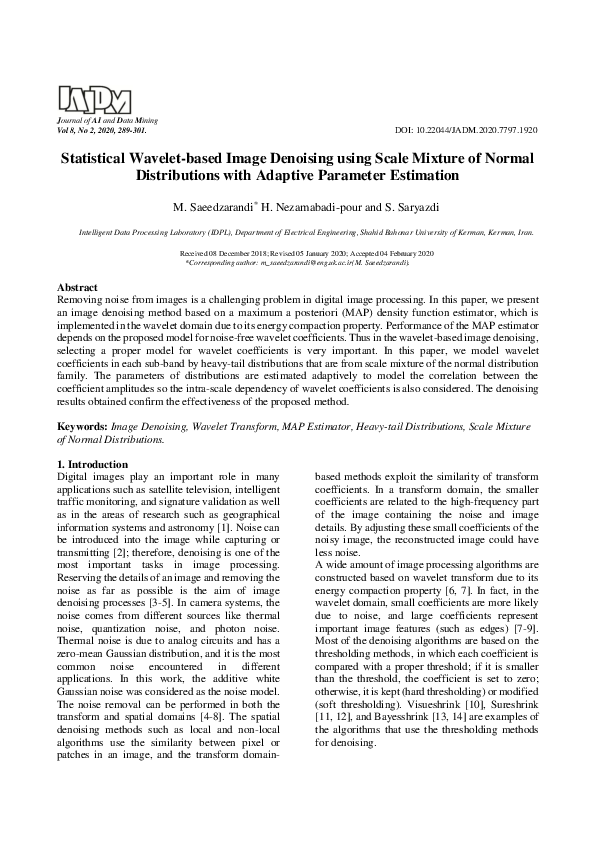 (PDF) Statistical Wavelet-based Image Denoising using Scale Mixture of Normal Distributions with ...