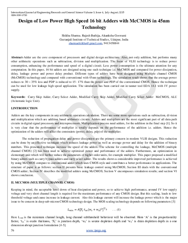 (PDF) Design of Low Power High Speed 16 bit Adders with McCMOS in 45nm ...