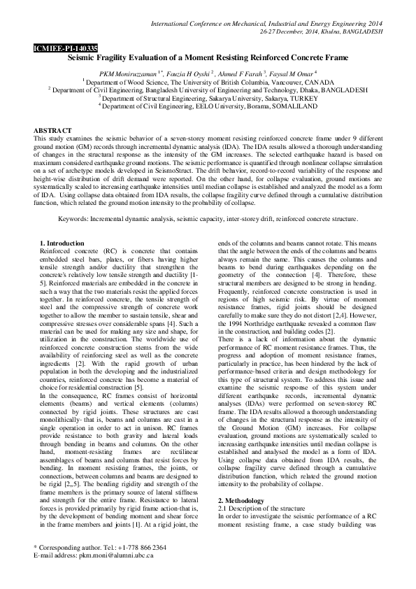 (PDF) Seismic Fragility Evaluation of a Moment Resisting Reinforced Concrete Frame